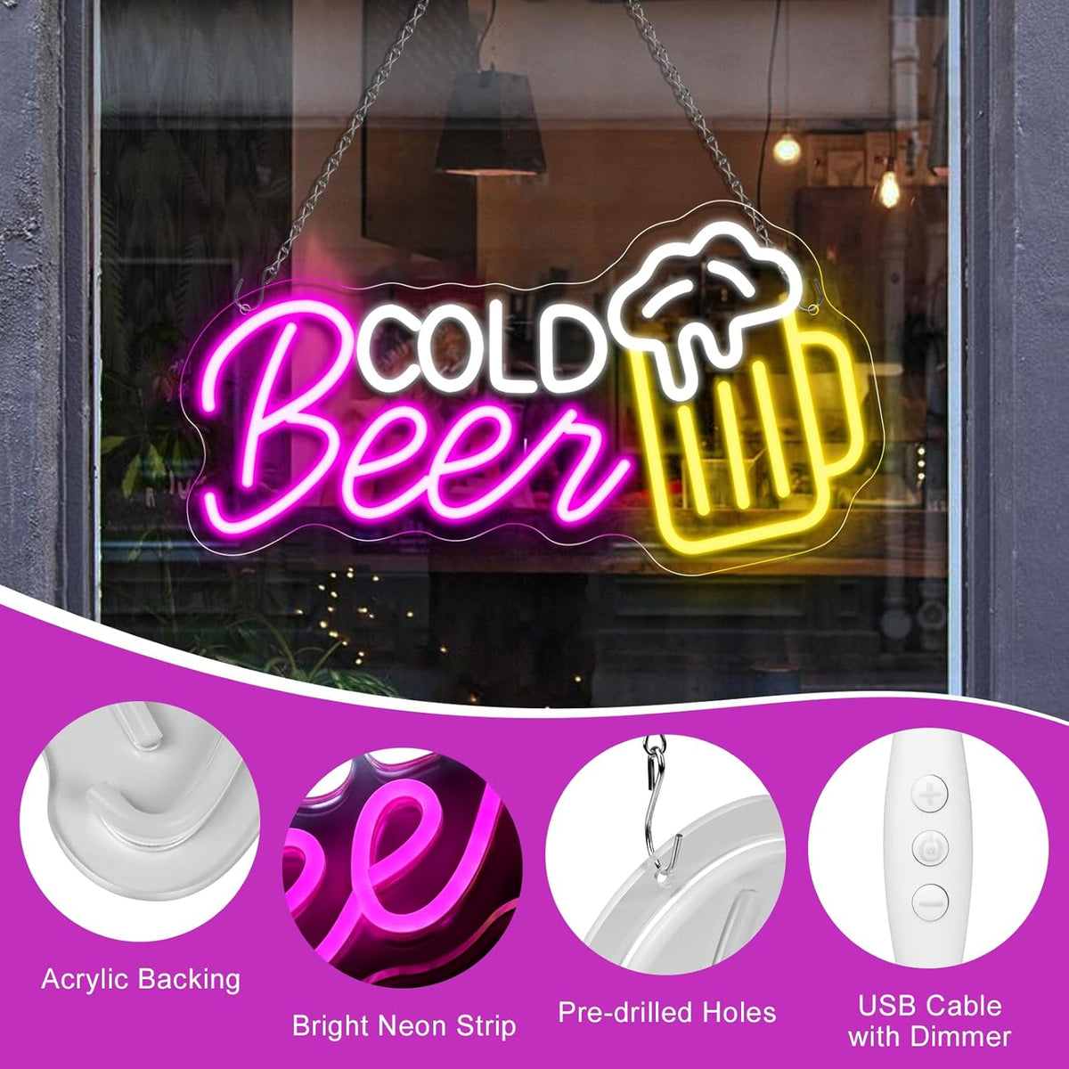 inShareplus Neon Bar Sign, Dimmable Beer Bar Open Sign for Wall Decor,